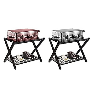 Semiocthome Fully Assembled Luggage Rack, Pack of 2,Folding Suitcase Stand with Storage Shelf, Bamboo Wood Suitcase Rack fit Most Luggage Size for Guest Room Bedroom Hotel, Dark Brown