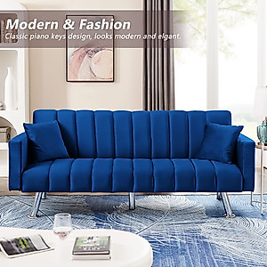 AWQM Sofa Bed, Upholstered Convertible Sofa Bed with 2 Pillows, Modern Velvet Sleeper Sofa Couch with Wooden Frame and Metal Legs, Small Couch for Living Room Bedroom Office (Blue)
