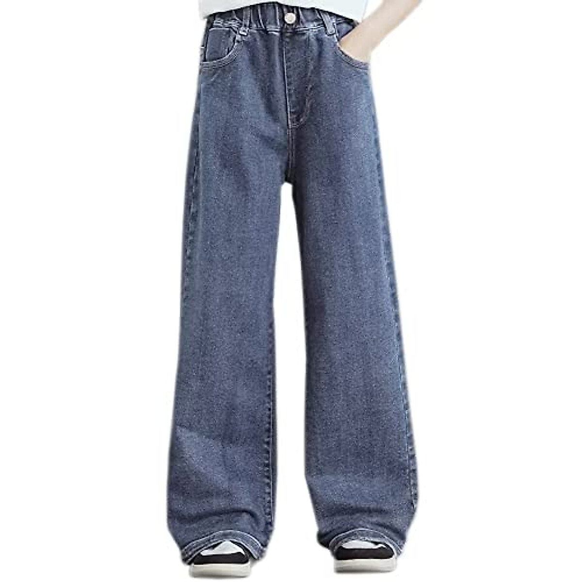 Sitmptol Teen Girls Blue Ripped Jeans Wide Leg High Waist Denim Trousers Loose Streetwear Jeans Baggy Pants Denim Blue 160 11-12 Years