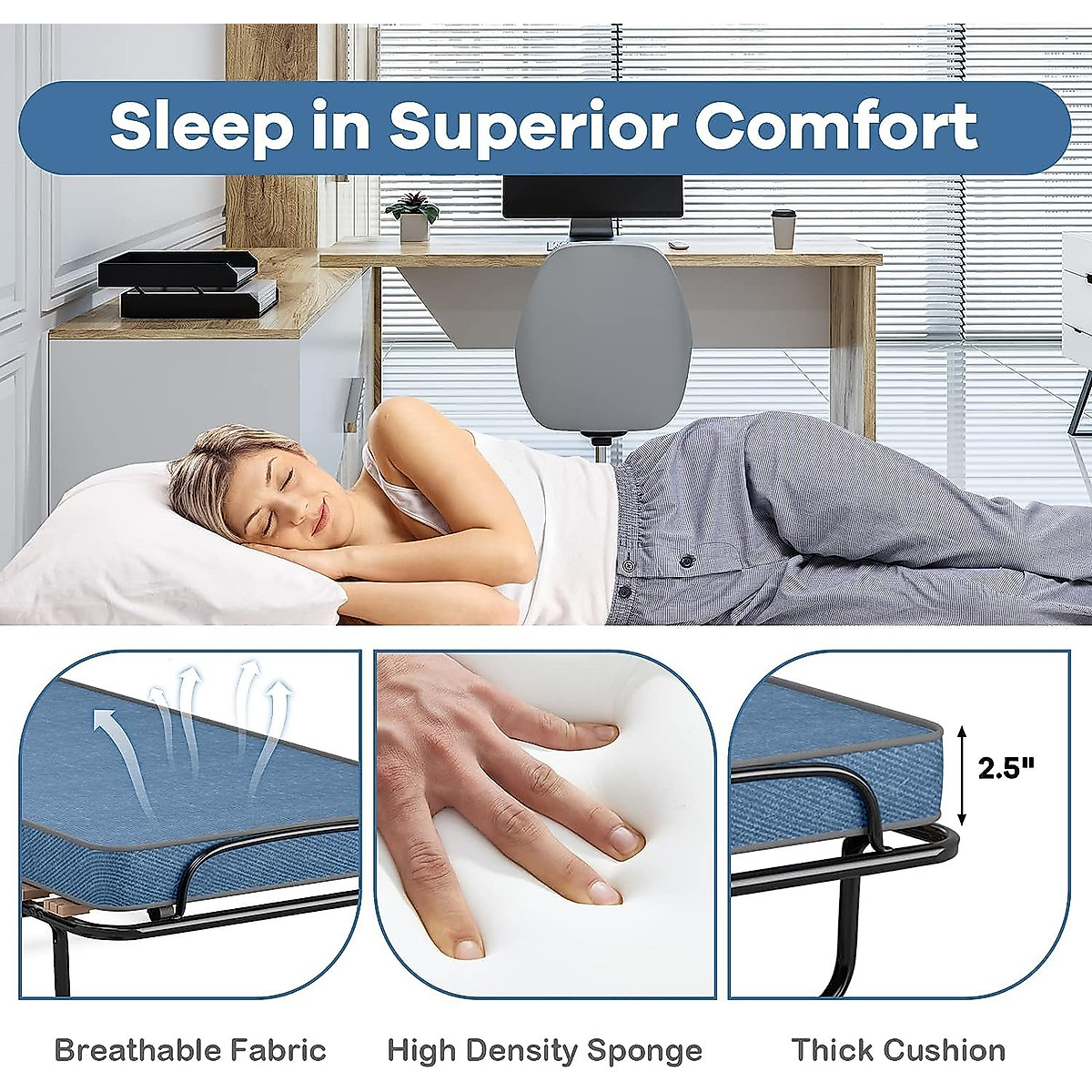 HAPPYGRILL Fold Away Bed, Fold Up Bed with Comfortable Memory Foam Mattress, 4 Universal Wheels, Sturdy Steel Frame,Potable Fold Up Bed for Home & Office, Folding Bed