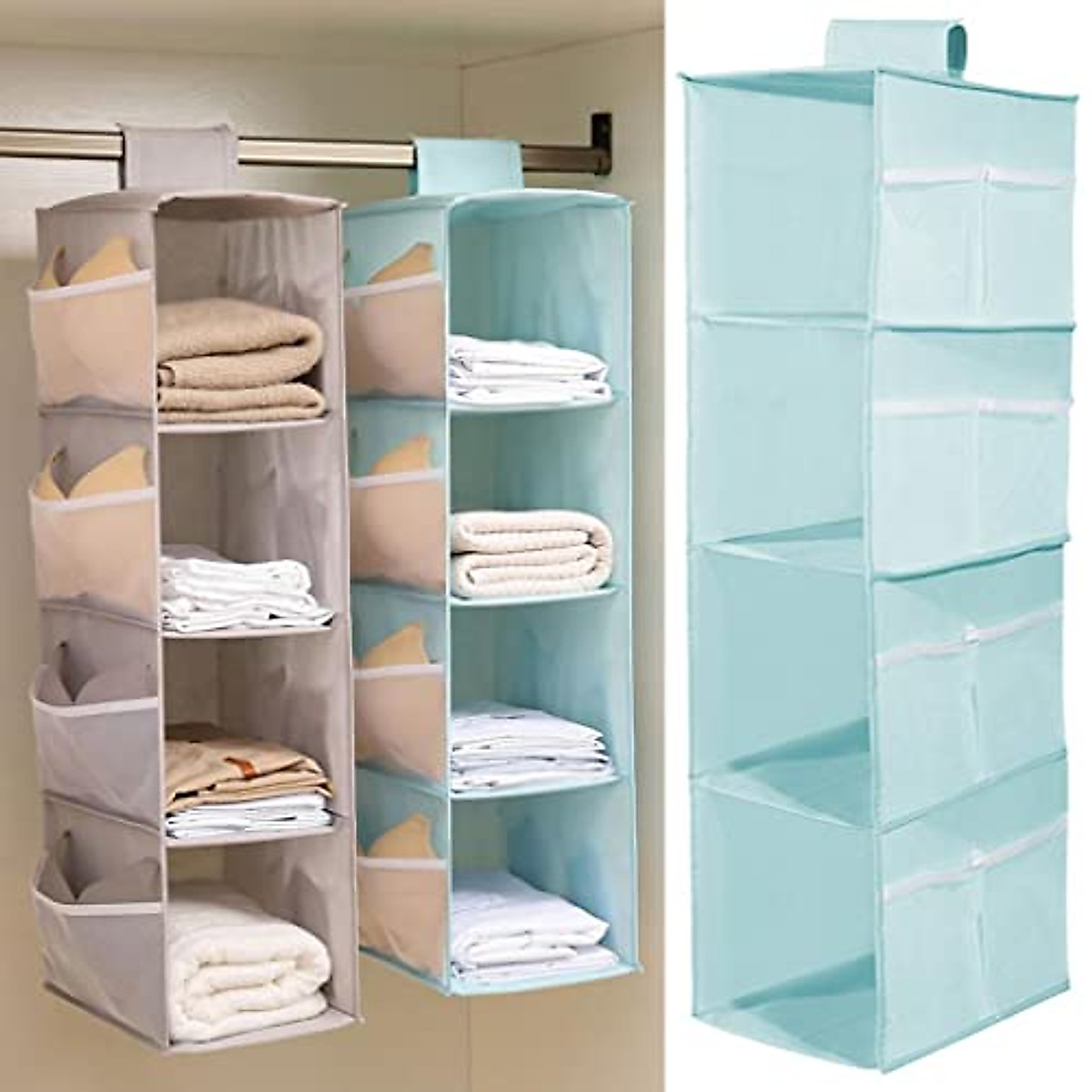 Leefasy Hanging Closet Organizer Wardrobe Storage Shelves for Sweaters Hat Clothes with Side Storage Bag Easily Attach to Closet Rods , Blue