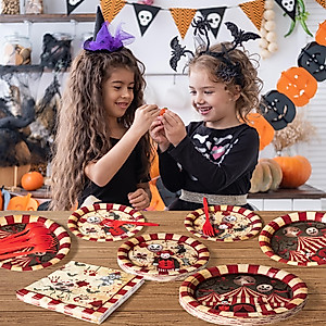 G1ngtar 96Pcs Halloween Circus Party Plates Supplies - Creepy Carnival Party Tableware Decoration Horror Evil Skull Disposable Paper Plates Napkin Fork for Kids Birthday Baby Shower, Serves 24