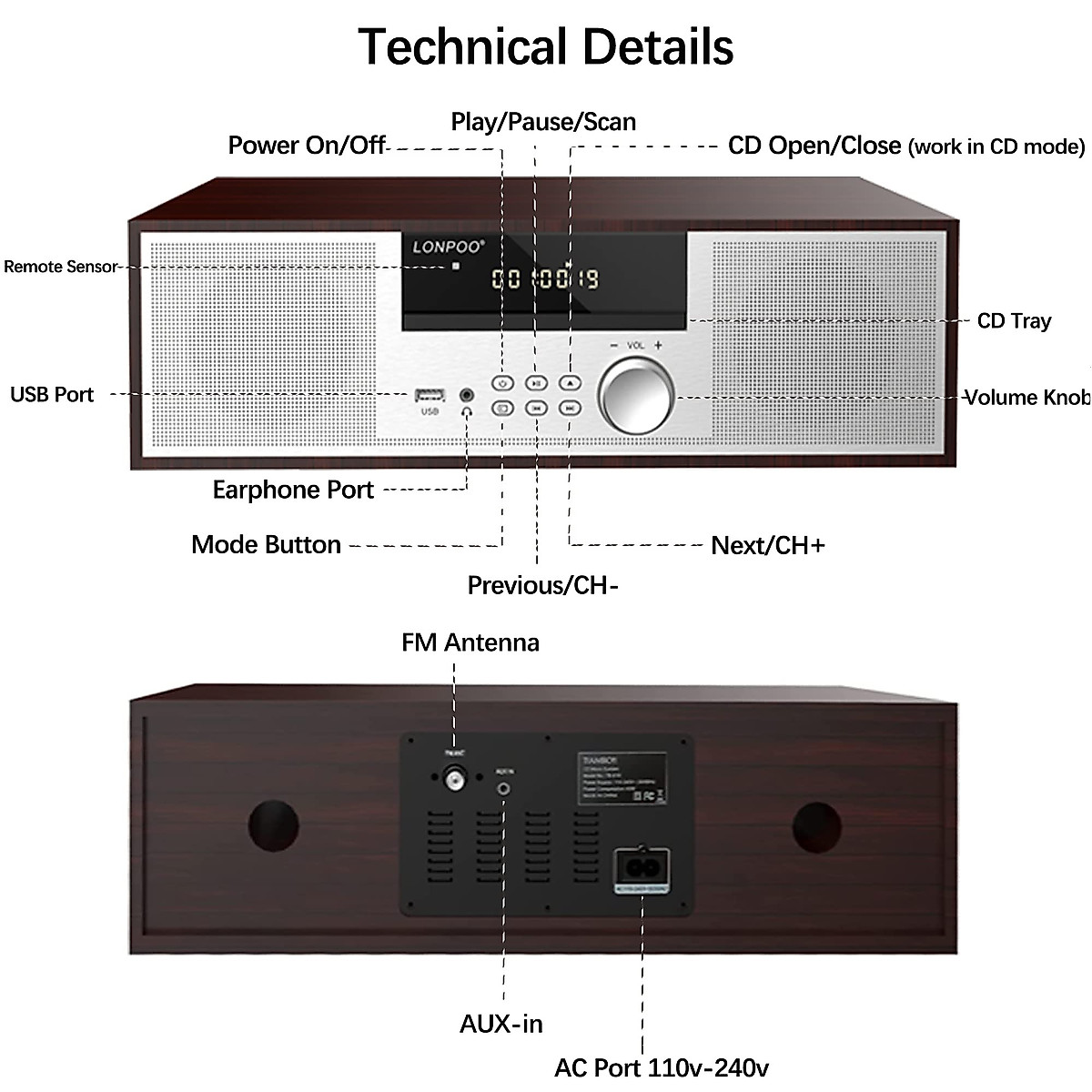 LONPOO Nostalgic Home Stereo System, Vintage Micro Component 40W RMS CD Player & Wireless Bluetooth Audio Streaming,FM Radio,USB Playback,Aux-in & Earphone Port