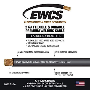 EWCS 2 Gauge Premium Extra Flexible Welding Cable 600 Volt - Back - 100 Feet - Made in The USA