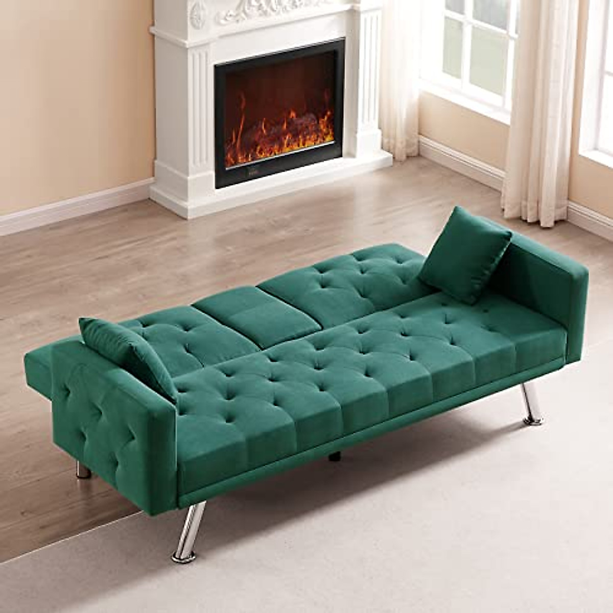 Eafurn Convertible Futon Sofa Bed, Soft Upholstered Loveseat Adjustable Sleeper Couch,Button Tufted Sofa & Couch with Removable Pillow Top Armrests and 2 Cup Holders, Green