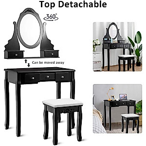 Vanity Table Set, Wooden Dressing Table with Oval 360° Rotating Mirror, 5 Storage Drawers, Painted Finish, Vanity Makeup Table with Padded Stool Seat, Detachable Table Top, Easy to Assemble (Black)