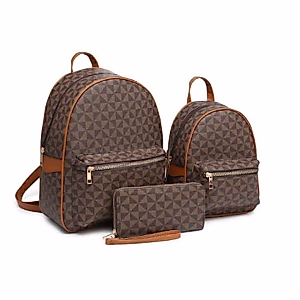 Premium Lux Details Set of 3 Zipper Backpack,Logo Print Design (Signature Brown),Crossbody&Wallet Teens,Adults College,Travel,Hikes