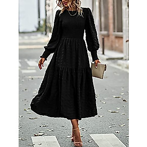 PRETTYGARDEN Women's Boho Puff Long Sleeve Crewneck Smocked Tiered Maxi Dress Solid Print Ruffle A-line Flowy Long Dress(Black,Large)