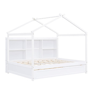Harper & Bright Designs Full Size House Bed with Trundle, Wood Full House Bed with Storage Shelves, Full Montessori Bed for Kids with Roof for Girls, Boys,Brushed White