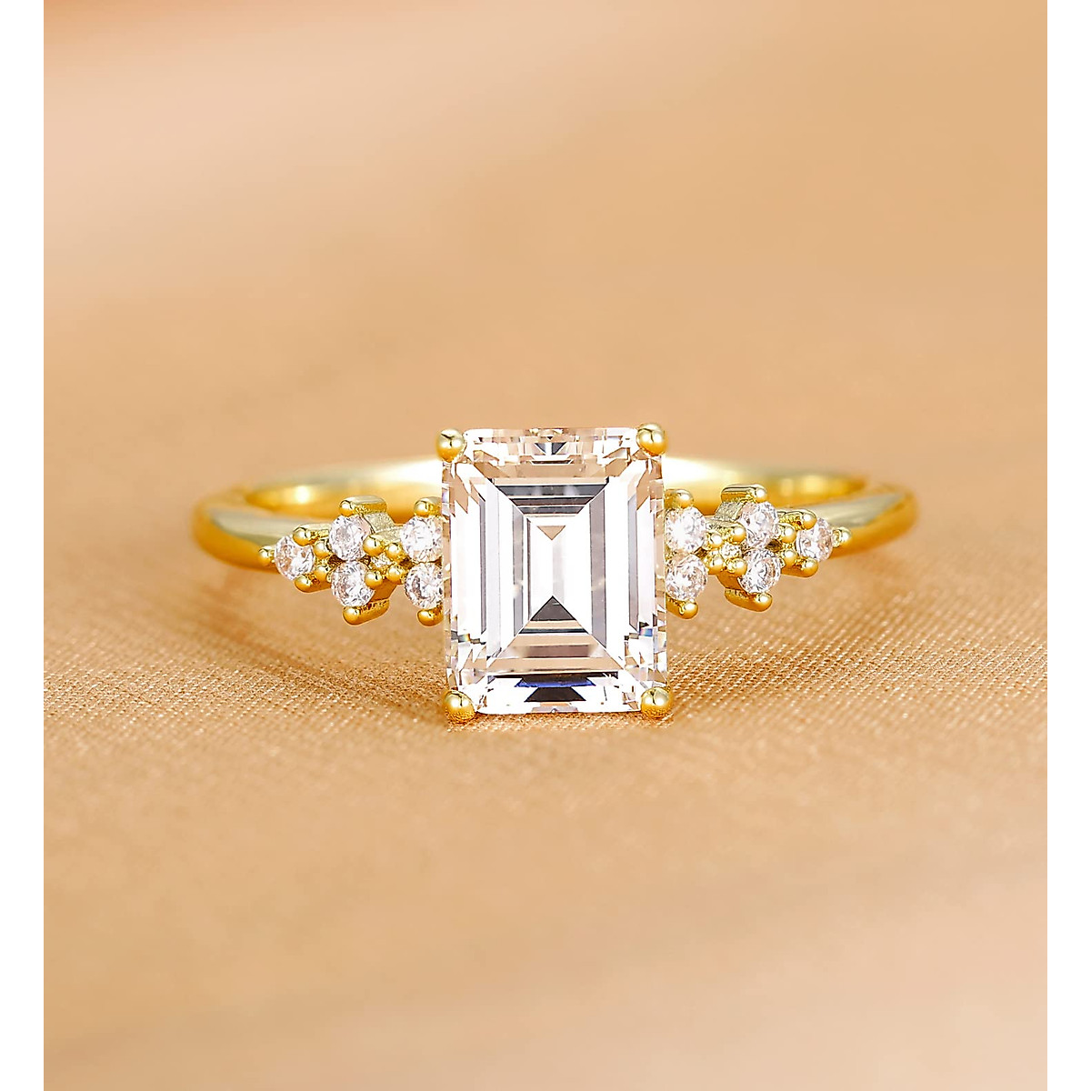 TIGRADE 3CT Engagement Ring for Women Emerald Cut Cubic Zirconia Promise Ring 14K Gold Plated CZ Eternity Wedding Band Size 3-11, Gold, Size 7