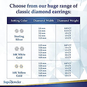 Diamond Earring Studs for Women and Men by SuperJeweler | 1/5 CT to ½ CT Diamonds | Sterling Silver, White or Yellow Gold Stud Earrings | Silicone Backs with Bonus Butterfly Backs
