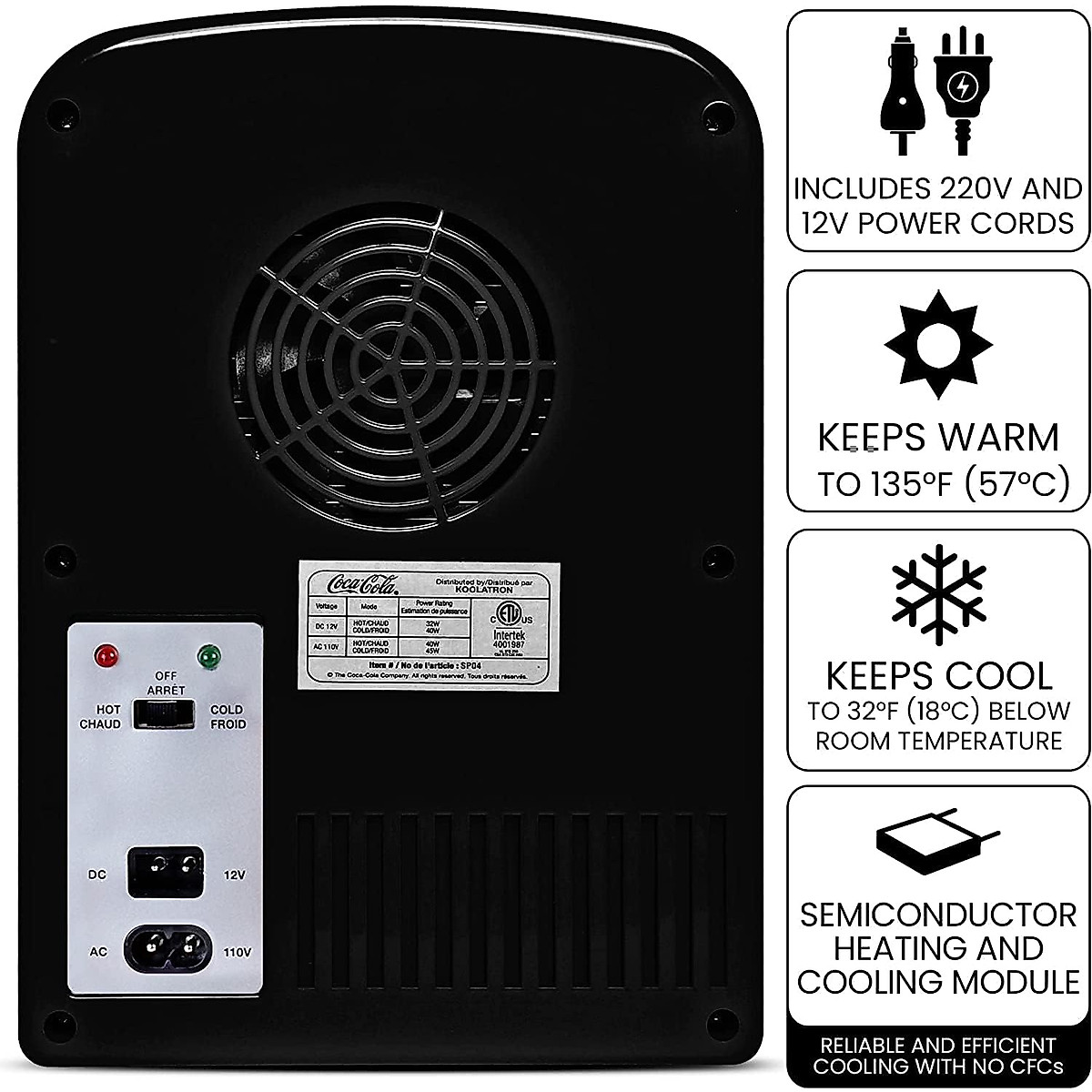 Coca-Cola Zero CZ04 4 Liter/4.2 Quarts 6 Can Portable Cooler/Mini Fridge, Beverages, Baby Food, Skincare and Medications-Use at Home, Office, Dorm, Car, RV or Boat-AC & DC Plugs Included, Black/Red