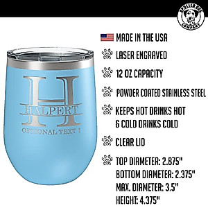 Personalized 12oz (17 Colors) Powder Coated Stainless Steel Stemless Wine Tumbler with Lid, Custom Etched, Customized Gift for Women Her, Wine Lover, Halpert Monogram Initial Name (Light Blue)