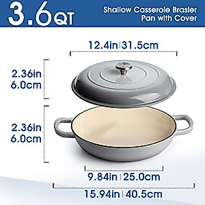 NUTRIUPS Braiser Enameled Cast Iron Dutch Oven Pot with Lid, 3.6 QT Dutch Oven Cast Iron Non Stick Larger Handle Dutch Oven for Bread Baking, Cast Iron Braiser Pan with Lid Enameled Dutch Oven