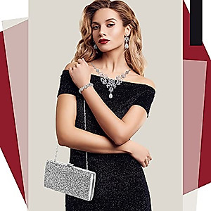 4 Pieces Silver Clutch Purse Rhinestone Jewelry Set for Women Glitter Evening Clutch Bag and Crystal Dangle Earrings Bridal Wedding Necklace Bracelet Prom Jewelry Set for Wedding Bridal Evening Party