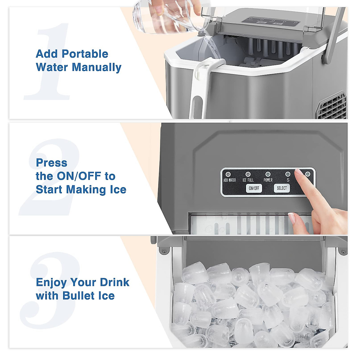 Xbeauty Countertop Ice Maker 6-Minute Fast Bullet Ice, Portable Double-Handle Removable Handle, Automatic-Cleaning Suitable for Outdoor Camping Bar Party and Kitchen-Grey