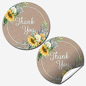Beautiful Floral Sunflower On Kraft Thank You Customer Appreciation Sticker Labels for Small Businesses, 60 1.5" Circle Stickers by AmandaCreation, Great for Envelopes, Postcards, Direct Mail, & More!
