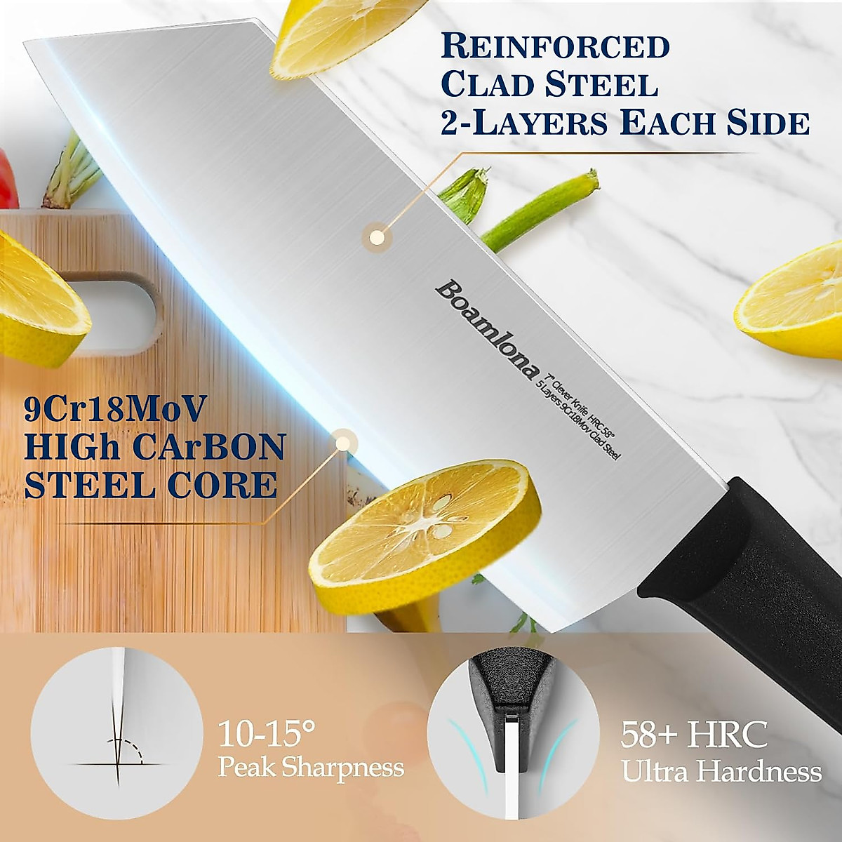 BOAMLONA Meat Cleaver Knife 7 inch Vegetable Knife 9Cr18Mov High Carbon Steel Kitchen Chopping Knife Cutting Knife - All purpose - Ultra Sharp, Thin, Light - Dishwasher Safe - with Gift Box