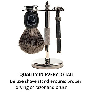 Parker 96R Men's Safety Razor Shave Set - Includes Parker Luxurious 3-Band Pure Badger Shave Brush, Deluxe Chrome Shave Stand & Parker 96R Butterfly Open Safety Razor