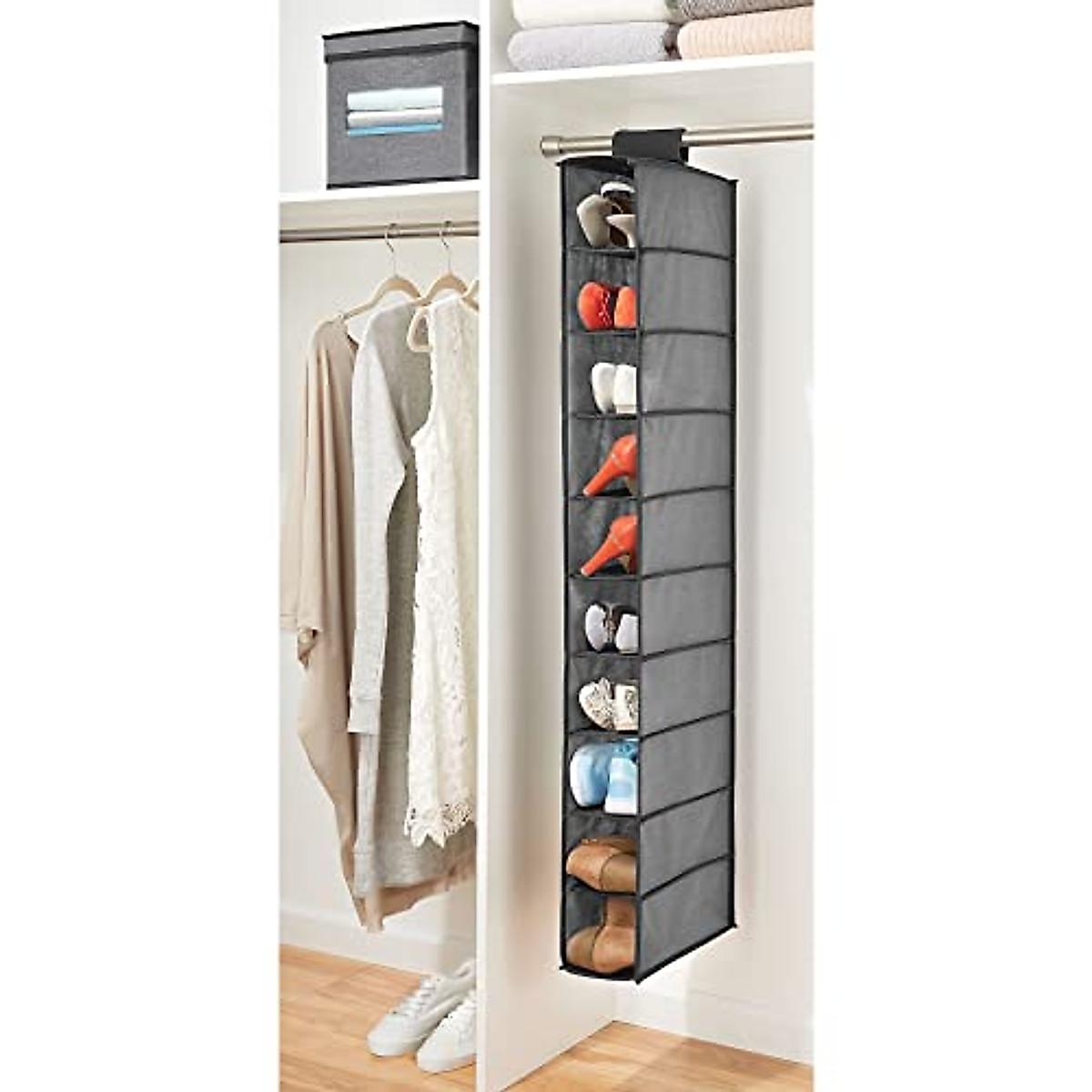 mDesign Fabric Over Rod Hanging Closet Storage Organizers, Includes a Wide 6-Shelf Sweater Organizer, and a Narrow 10-Shelf Shoe Rack - Textured Print - Set of 2 - Charcoal Gray/Black