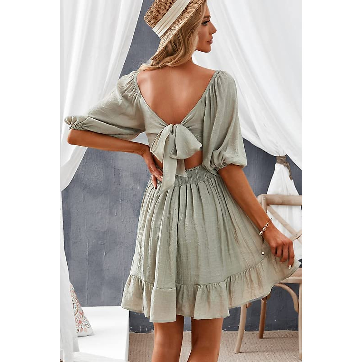 Dokotoo Womens Square Neck Mini Dress Tie Back Lantern Sleeve Summer Dresses Ruffle A-Line Grey Dress Casual Shirred Elastic Waist Sexy Dress Medium