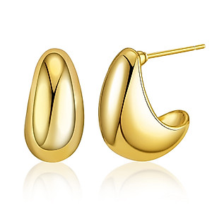 14K Gold Plated Chunky Hoop Earrings, Lightweight Waterdrop Earrings Half Open Hoop Earrings Multiple Styles (A)