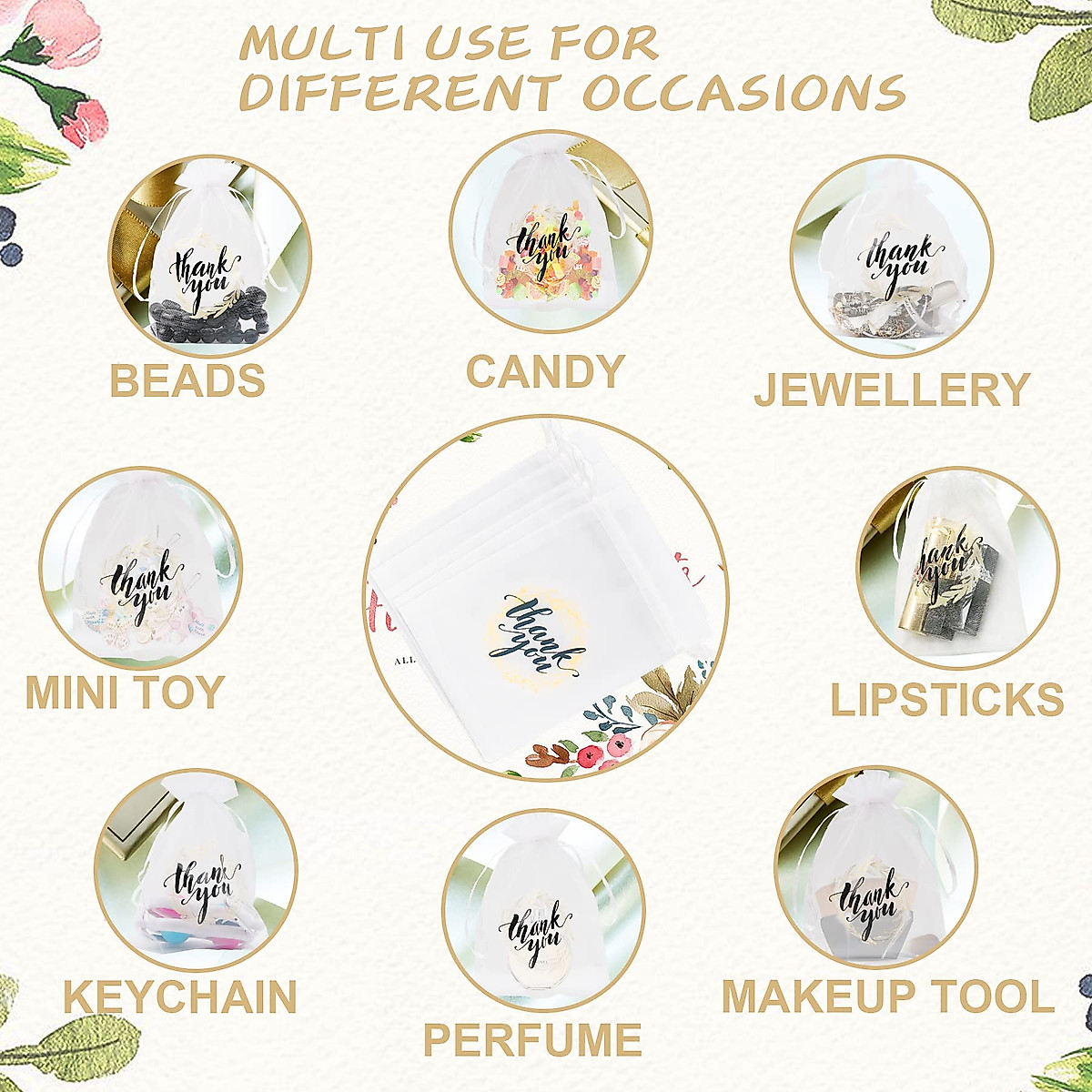 FPAKDH 50 Pieces Thank You Bags Sheer Organza Gift Bags Small Jewelry Present Bags with Drawstring 4 x 6 Mesh Wedding Party Favor Bags for Sachet Jewelry Candy Soap Makeup Party Favor Bags White