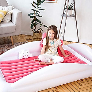 Sleepah Inflatable Toddler Travel Bed – Inflatable & Portable Bed Air Mattress Set –Blow up Mattress for Kids with High Safety Bed Rails. Set Includes Pump, Case, Pillow & Plush (Coral)