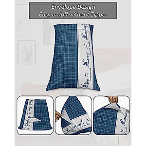 Edwiinsa Navy Blue Plaid Pillow Covers Standard Size Set of 2 20x26 Bed Pillow, Farmhouse White Live Love Laugh Plush Soft Comfort for Hair/Skin Cooling Pillowcases with Envelop Closure