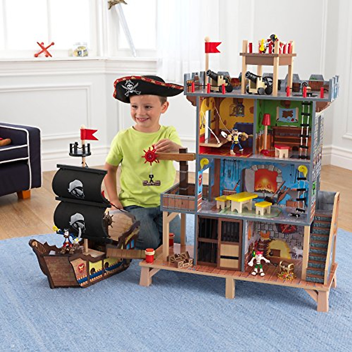KidKraft Pirate's Cove Wooden Ship Play Set with Lights and Sounds, Pirates and 17-Piece Accessories, Gift for Ages 3+
