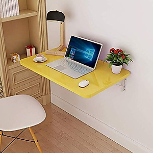 PIBM Stylish Simplicity Shelf Wall Mounted Floating Rack Shelves Foldable Dining Table Bookshelf Computer Desk Solid Wood Metal Bracket Smooth,12 Sizes,5 Colors, Yellow , 60x50cm