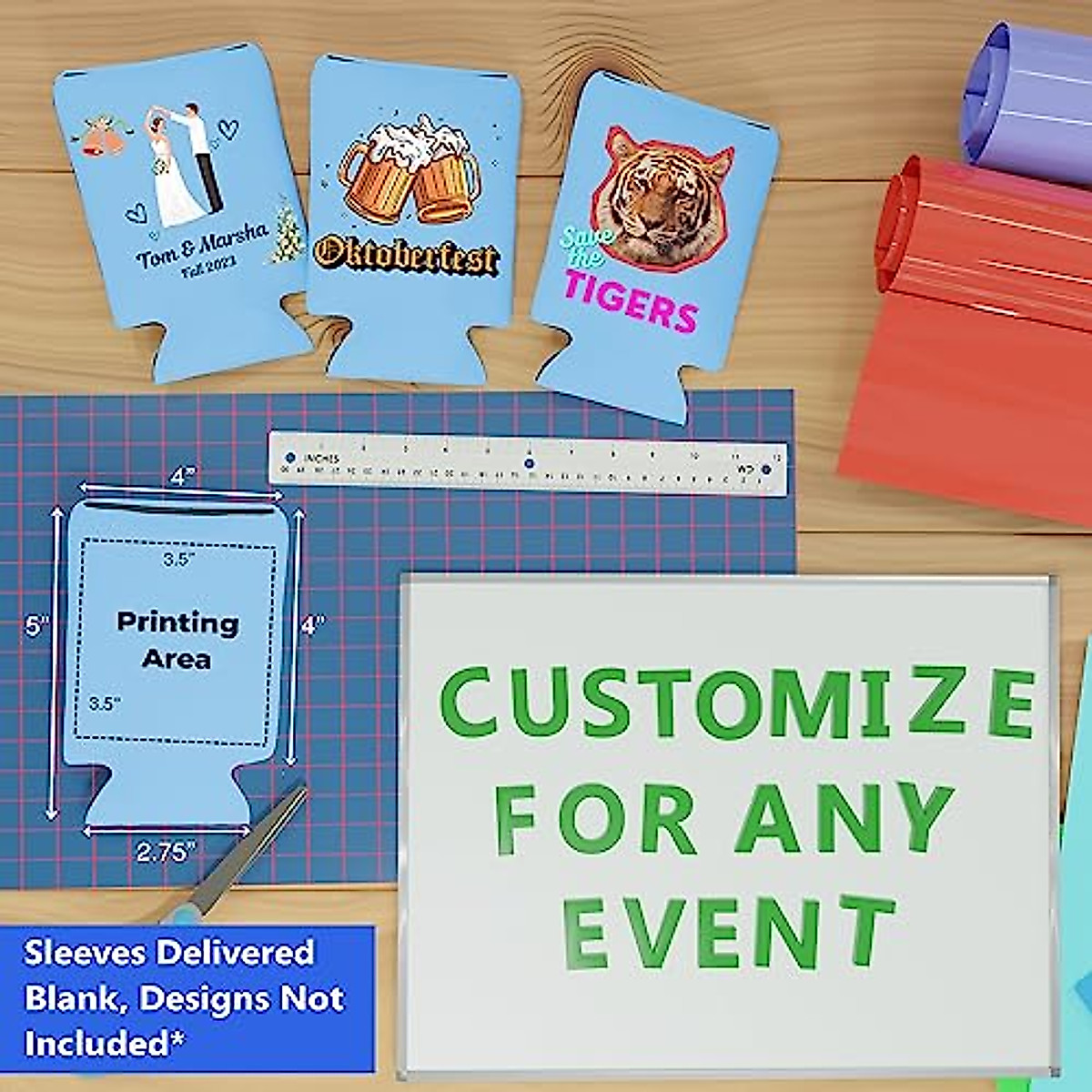 25 Pack Placid Blue Blank Can Cooler Sleeves, Customizable Bulk Sublimation Can Coolers, Extra-Thick Collapsible Drink Insulator Sleeve, Beer Can Coolers for Party Beverages, PartyPrints