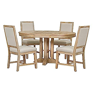 POCIYIHOME 4 Upholstered Farmhouse Round 16" Leaf, Set of 5, Family Chair Restaurant, Kitchen (Natural Wood Wash), 5 Piece Extendable Dining Table Set