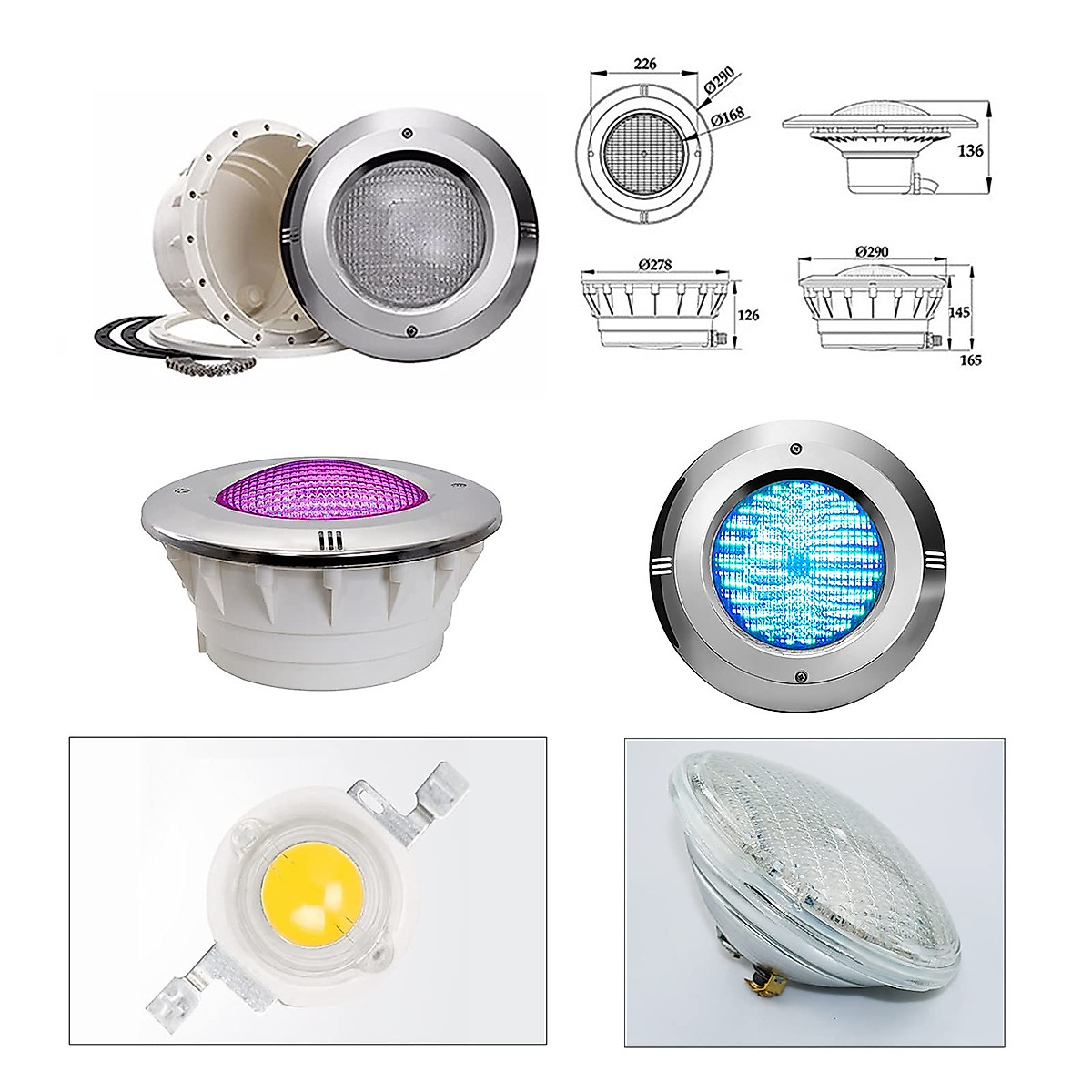 LED Pool Lamp, Par56 Recessed Underwater Lighting, Stainless Steel Surface 12V Waterproof IP68 for Above and Below Ground Swimming Pool (Color : RGB+Remote Control, Size : 54W)