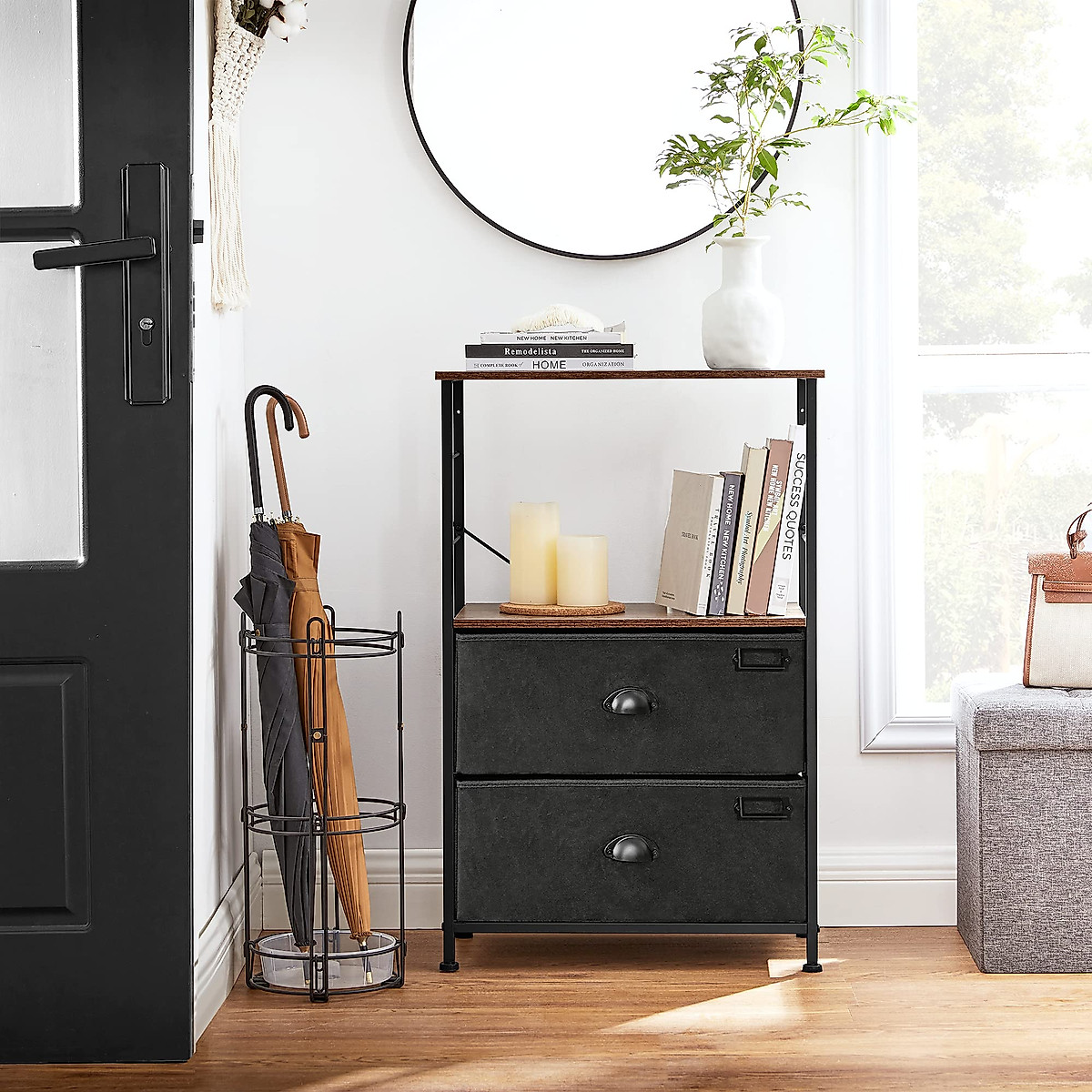 SONGMICS Nightstand, Industrial Bedside Table with 2 Fabric Drawers, Storage Shelves, Vertical Dresser Storage Tower with Wooden Top, Metal Frame, Labels, Rustic Brown and Black ULVT03H