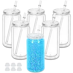 Maucircol 16 Oz Plastic Snowglobe Tumbler, 6 Pack Pre-Drilled Double Wall Plastic Clear Cup for Glitter Snow Globe Diy, Double Wall Snowglobe Cup with Clear Lid
