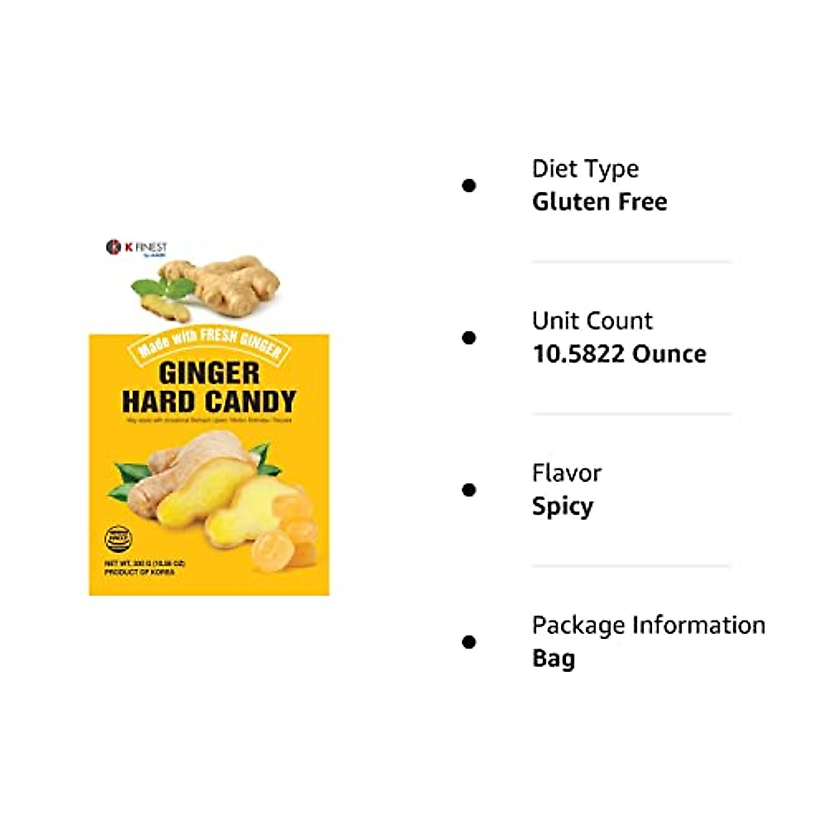 GINGER HARD CANDY Made with Fresh Ginger Extra Strength Flavor Individual Wrapped Product of KOREA_300 Grams_10.58oz