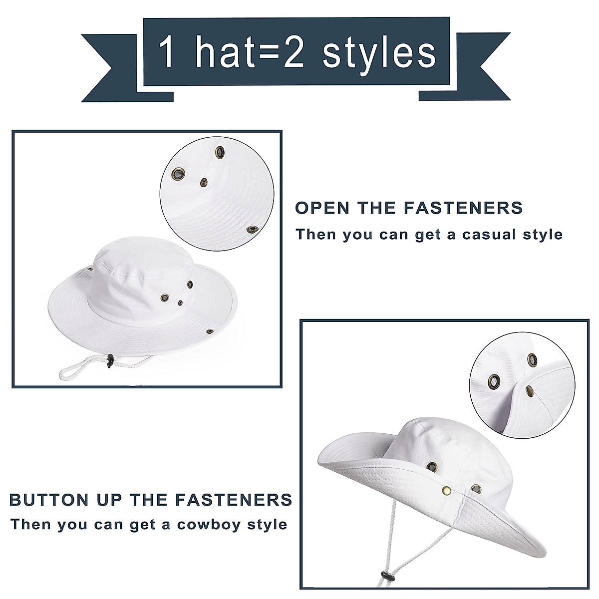 Womens Mens Sun Hat Wide Brim UV-Protection Bucket Fishing Safari Boonie Hat for Summer(Size:L) White