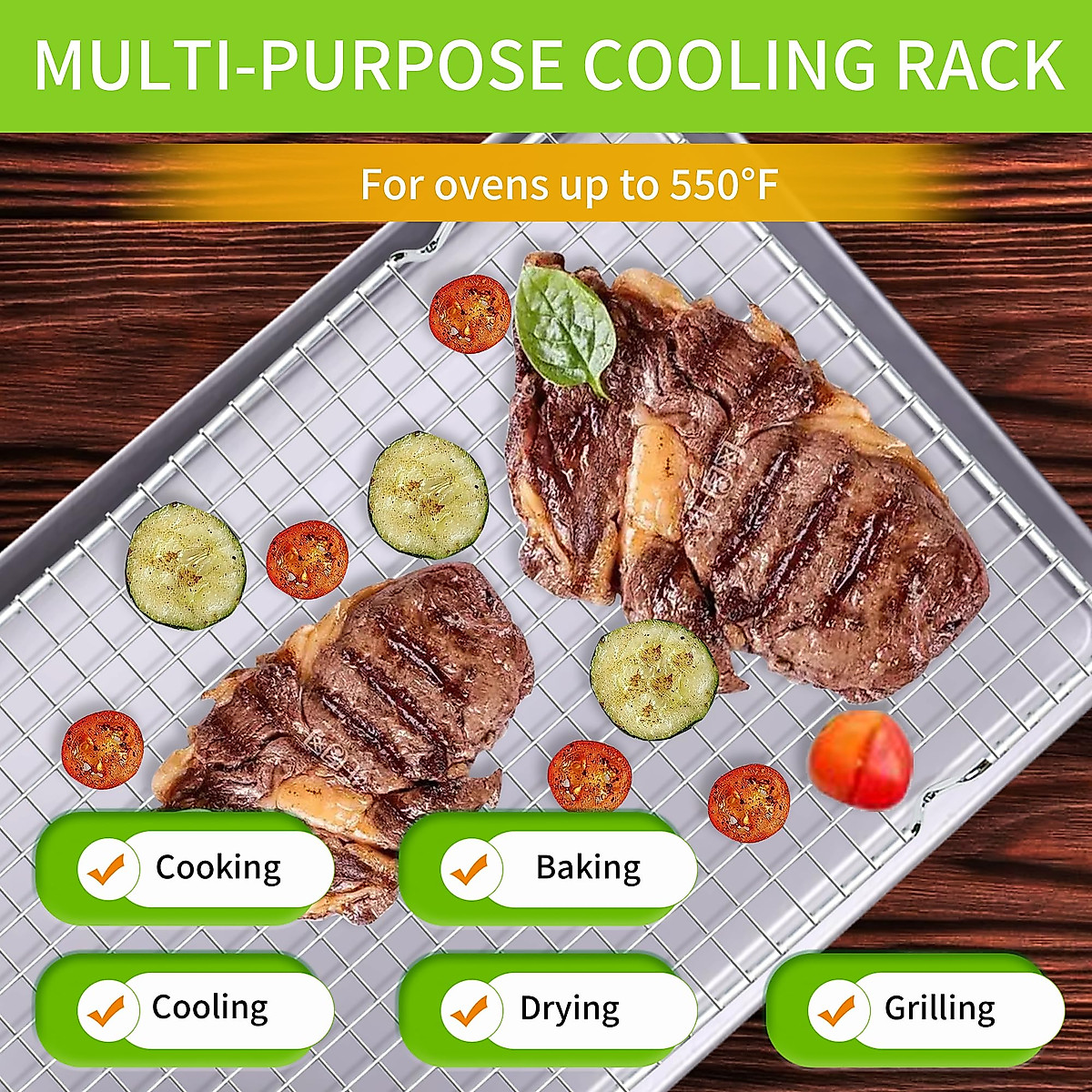 UOUYOO Cooling Rack for Baking, Set of 2 Stainless Steel, 16x10 Inches Baking Rack Oven Safe Grid Wire Racks for Roasting, Grilling, and Drying, Oven Safe and Dishwasher Friendly