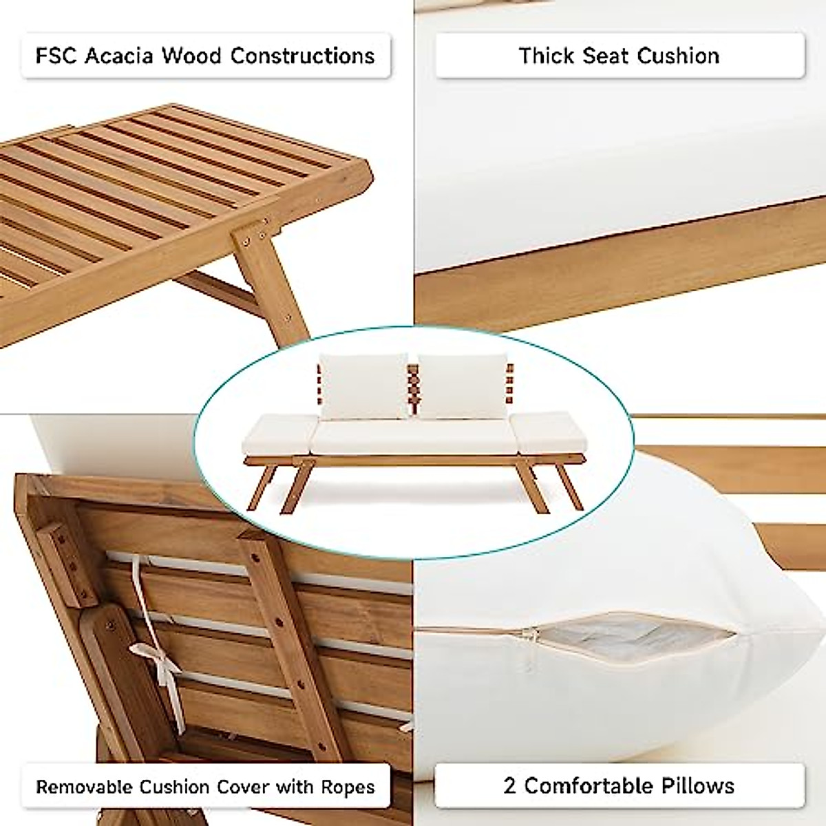 Verano Garden Outdoor Convertible Sofa Daybed, FSC Acacia Wood Patio Couch with Thick Cushion & Pillows for Porch, Backyard, Balcony, Apartment, Sunroom, Cream White