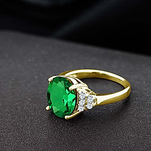 Gem Stone King 4.40 Cttw 18K Yellow Gold Plated Silver Green Simulated Emerald and White Created Sapphire Women Ring | Oval 12X10MM | Available in size 5, 6, 7, 8, 9