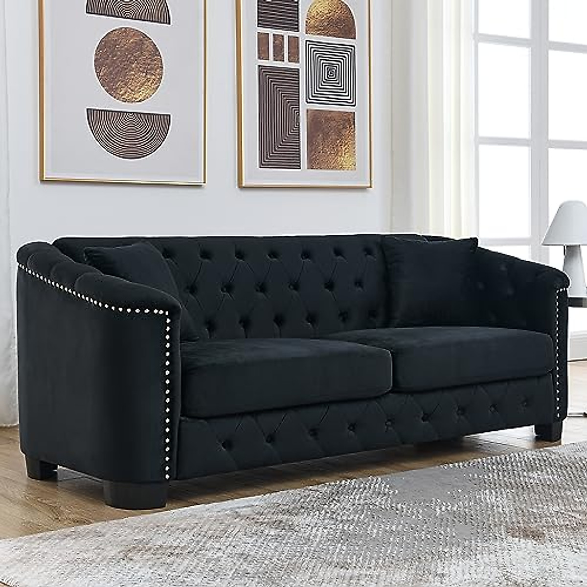 EMKK 77" Chesterfield Velvet Sofa, 3-Seater Upholstered Couches Tufted Backrests with Nailhead Arms and 2 Cushions for Living Room, Bedroom, Apartment, Office, G-Black