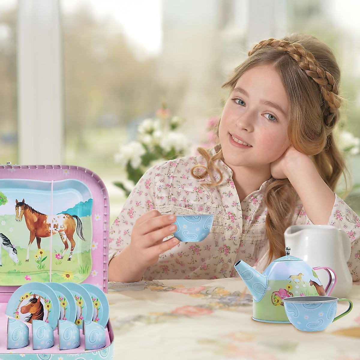 Jewelkeeper Toddler Toys Tea Set for Little Girls - 15 Pcs Tin Tea Set for Kids Tea Time Includes Teapot, 4 Tea Cup and Saucers Set and 4 Snack Plates , Horse Tea Party Set with Carrying Case