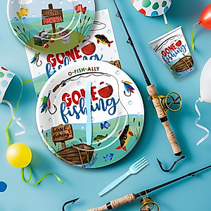 Xenorik Gone Fishing Party Decorations Tableware - Fish Fishing Birthday Party Supplies, Paper Plate, Cup, Napkin, Fork, Little Fisherman Fishing Birthday Baby Shower Table Decorations | Serve 24