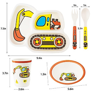Kids Tableware Set, Included Plate Bowl Cup Fork and Spoon 5-Piece Set - Toddler Plates Dinnerware Dinner Dish Set Baby Feeding Divided Plate - Child Portion Control Bamboo Eco-Friendly