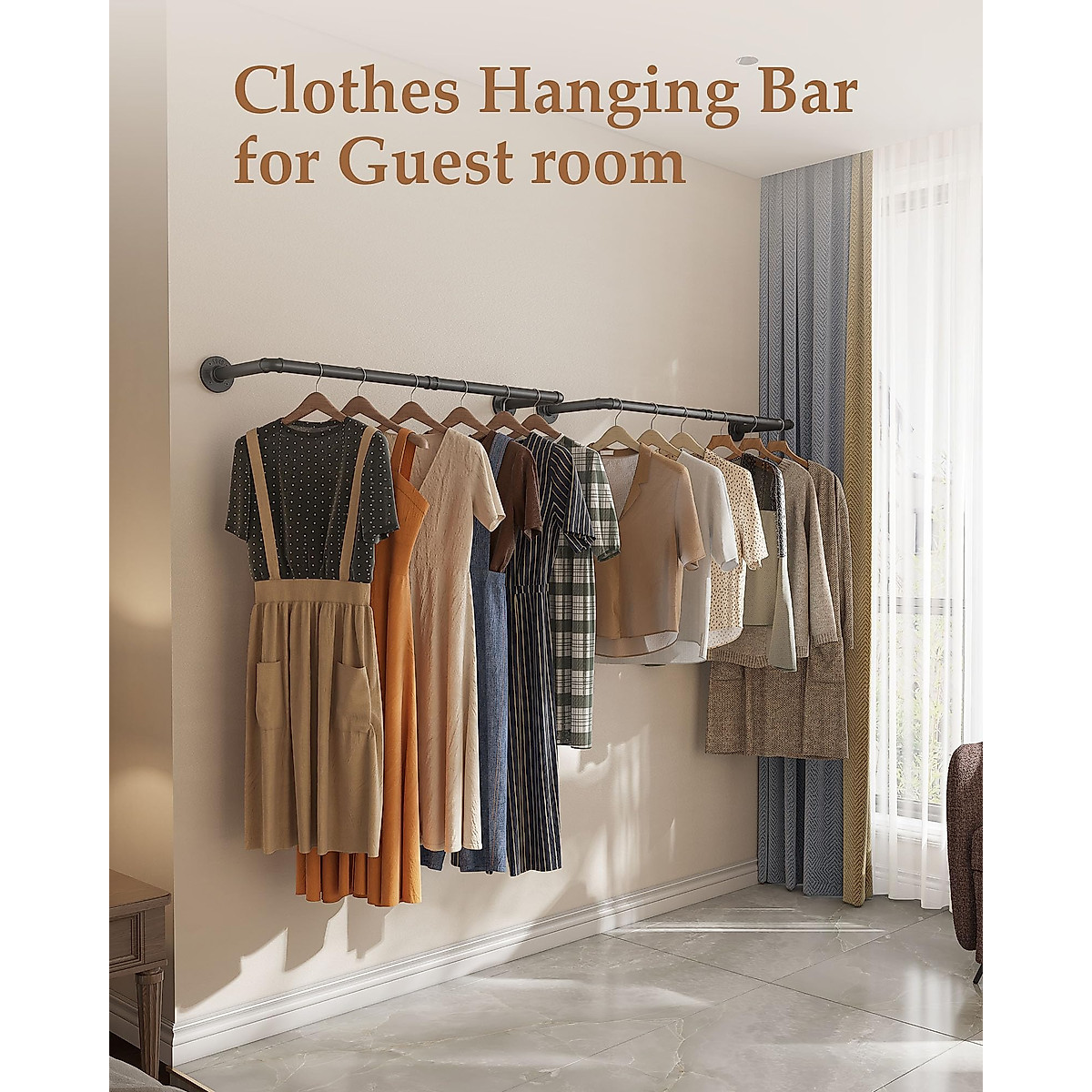 Bodato Industrial Clothing Rack 38.4'' for Wall 2 Pack, Heavy Duty Pipe Clothes Rack Wall Mounted for Hanging Clothes Garment, Closet Rod Hanging Bar for Walk-in Closet