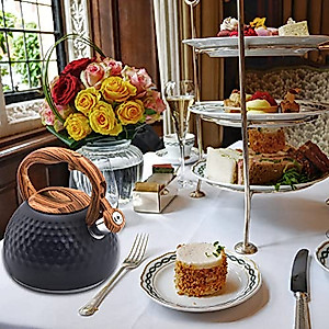 Foedo Tea Kettle, 3.2 Qt Stainless Steel Whistling Tea Kettle for Stove Top, Food Grade Teapot with Wood Pattern Handle for Coffee, Tea, Milk etc, Gas Electric Applicable (Black)