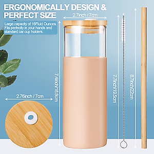 6 Pack Glass Tumblers with Bamboo Lid and Straw Reusable Iced Coffee Cups Smoothie Tumbler Aesthetic Travel Straw Cups Glass Water Bottle with Silicone Protective Sleeve and Brush (20 oz)