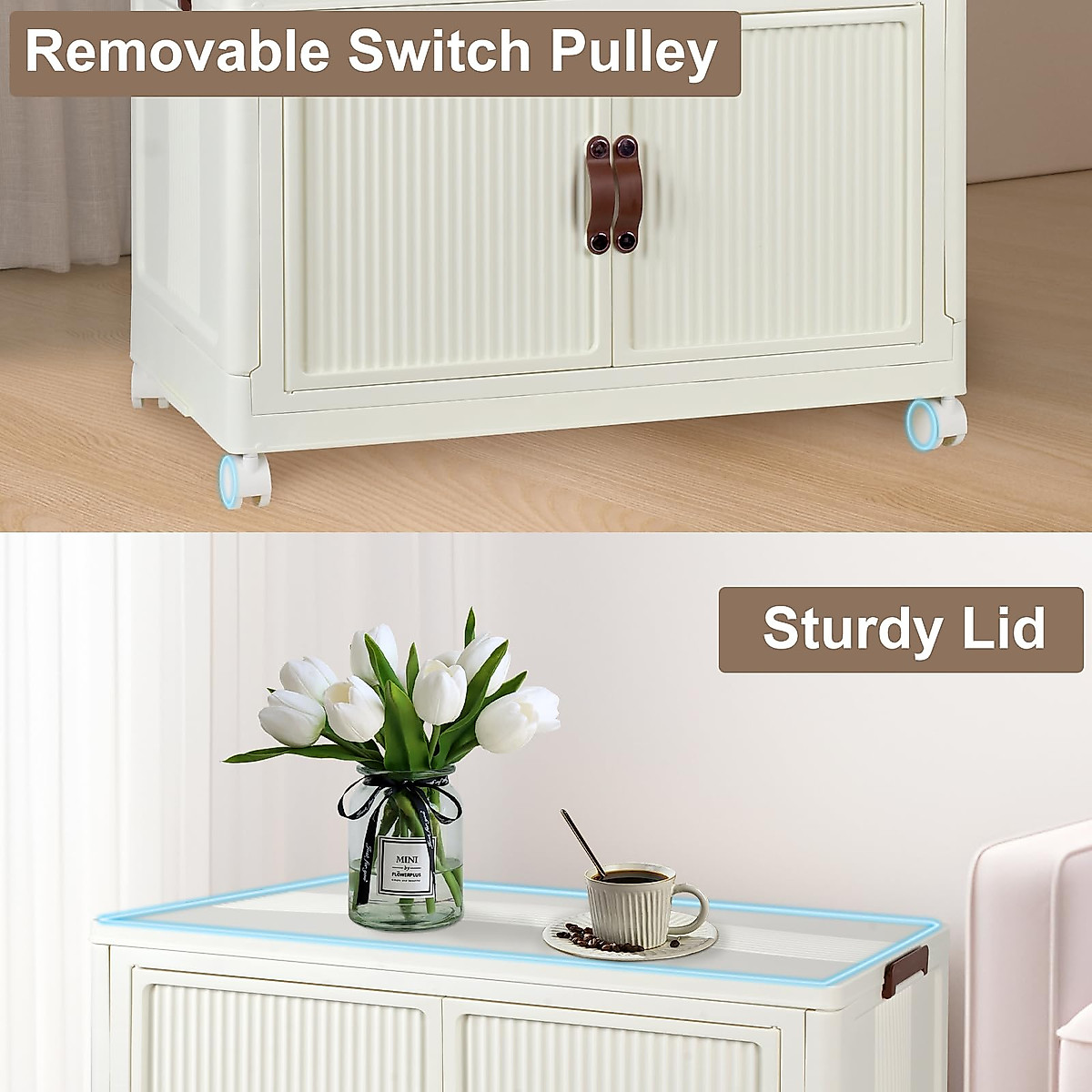 FozsKeylf Stackable Closet Storage Bins, Collapsible Clothes Organizers, Portable Wardrobe Closet with Lids and Doors, Movable Clothes Storage with Coat Hangers, White