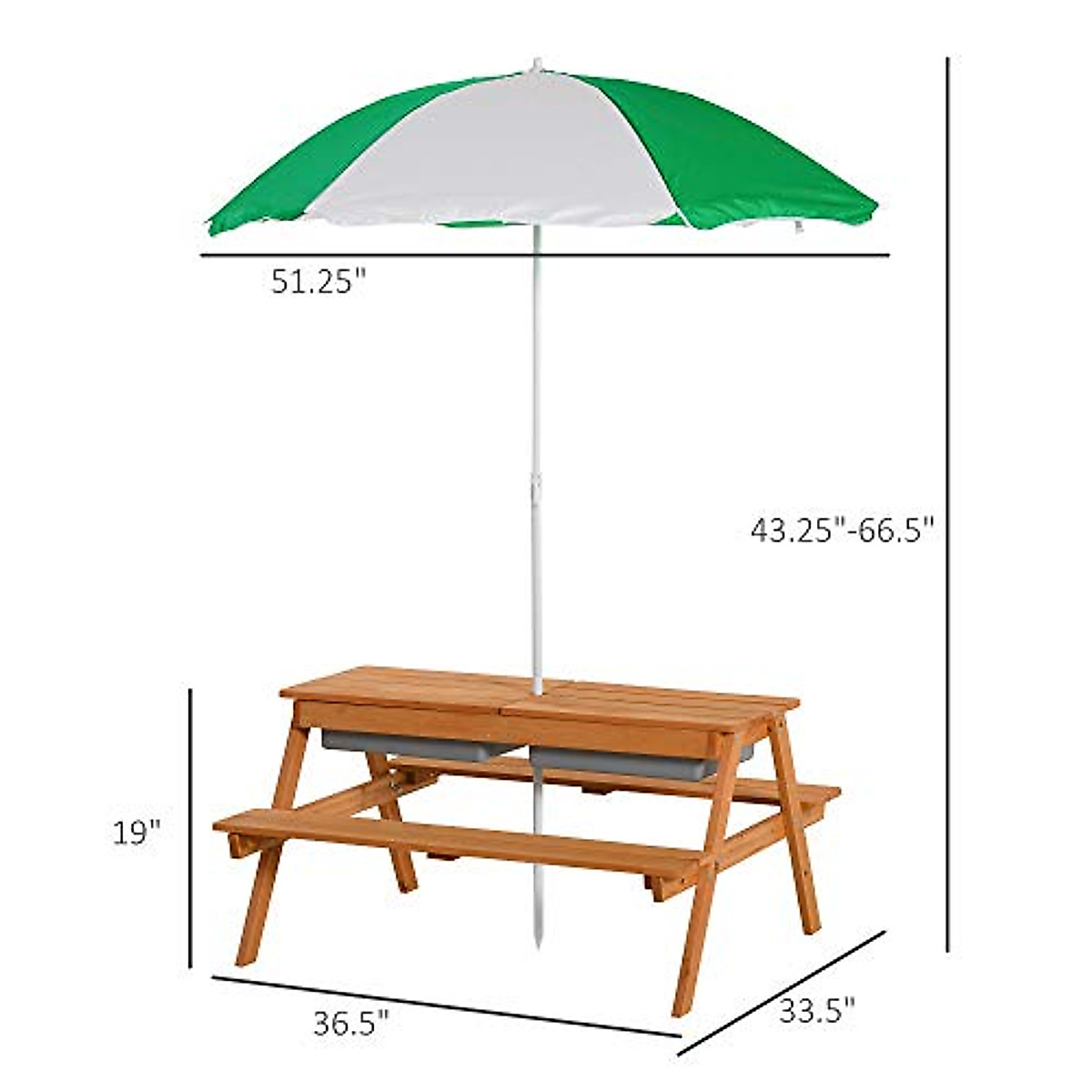 Outsunny Kids Picnic Table with Umbrella and Storage Inside, Sand and Water Table, Kids Outdoor Furniture, Wooden Bench Backyard Furniture for Garden, Patio, or Balcony